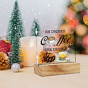 Rustic He Drinks Coffee She Drinks Tea Desk Decor Acrylic Desk Sign Funny Kitchen Acrylic Plaque Home Desk Decoration 4.7"x4.7"
