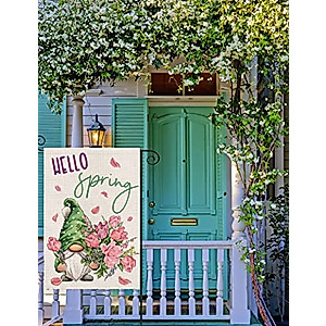 Hello Spring Garden Flag for Outside 12x18 Double Sided,Gnome with Flowers Small Yard Flag, Summer Seasonal Decors for Outdoor Anniversary Wedding Farmhouse Holiday