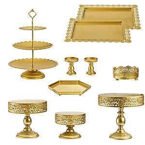 Jucoan 10 Pieces Gold Metal Cake Stand Set, Cupcake Holder Pastry Candy Fruits Serving Plate, Gold Dessert Table Stands and Trays Set for Wedding Birthday Baby Shower Bridal Party