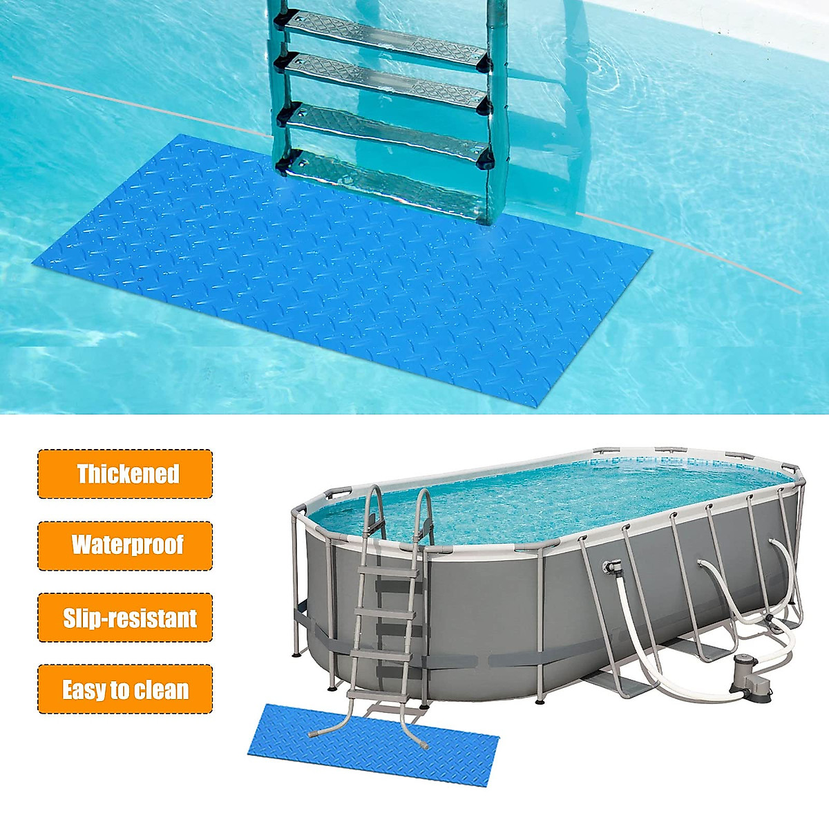 35x15Inch Pool Ladder Mat, Protective Swimming Ladder Step Stair Non-Slip Mat for Above Ground Pools, Blue 2Pack