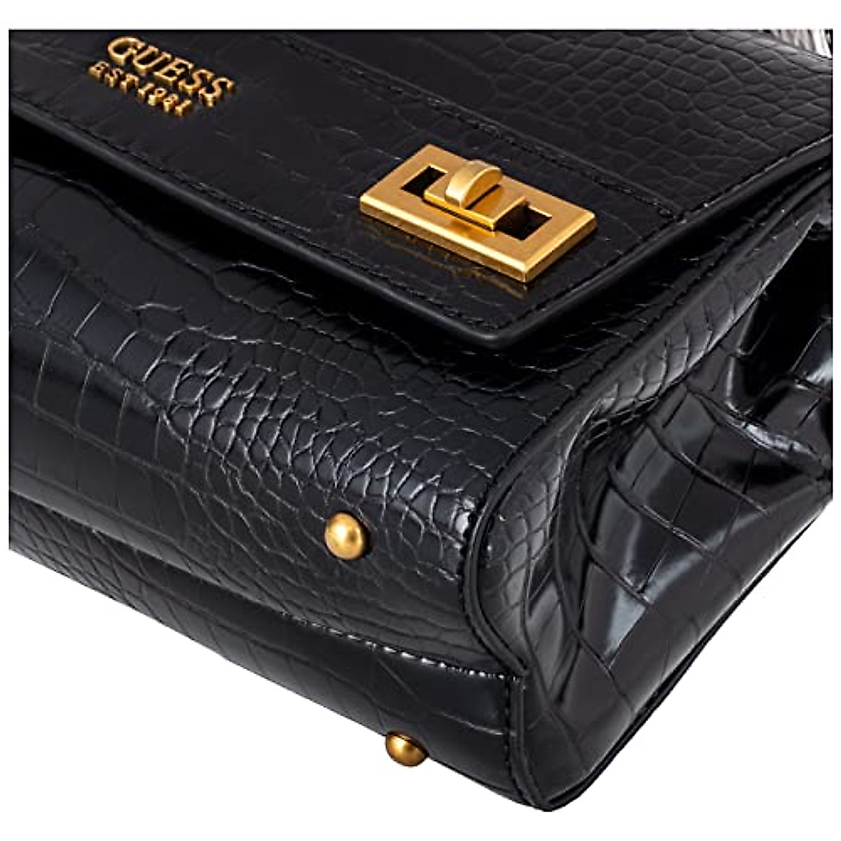 GUESS Womens Katey Croc Flap Shoulder Bag, Black, One Size US