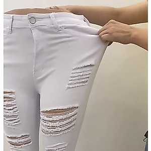 LONGBIDA Skinny Ripped Jeans for Women High Waisted Stretch Butt Lifting Jeans Slim Fit Distressed Denim Pants Pull On Jeggings Jeans(White,XXL)