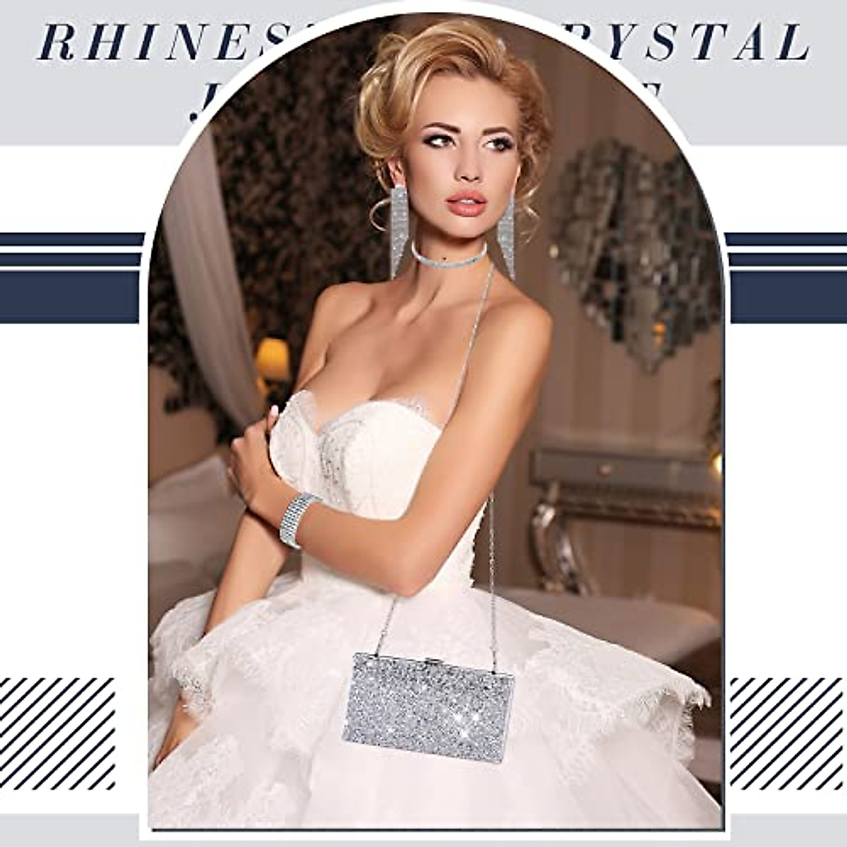 Jadive 4 Pcs Rhinestone Clutch Purses for Women Evening, Prom Purse Sparkly Bag Diamond Purse Handbag Glitter Evening Bag Jewelry Set for Formal Prom Parties Cocktail Banquet Wedding (Silver)