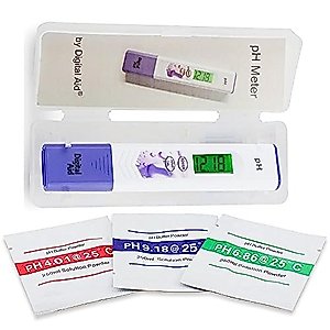 pH Meter and Temperature Meter. Digital Aid Professional Quality Water Test Meter. Large Back-lit LCD Screen. Range 0.00 to 14.0 pH; 32° - 140°F. 3 Free Buffer Solution Powders.