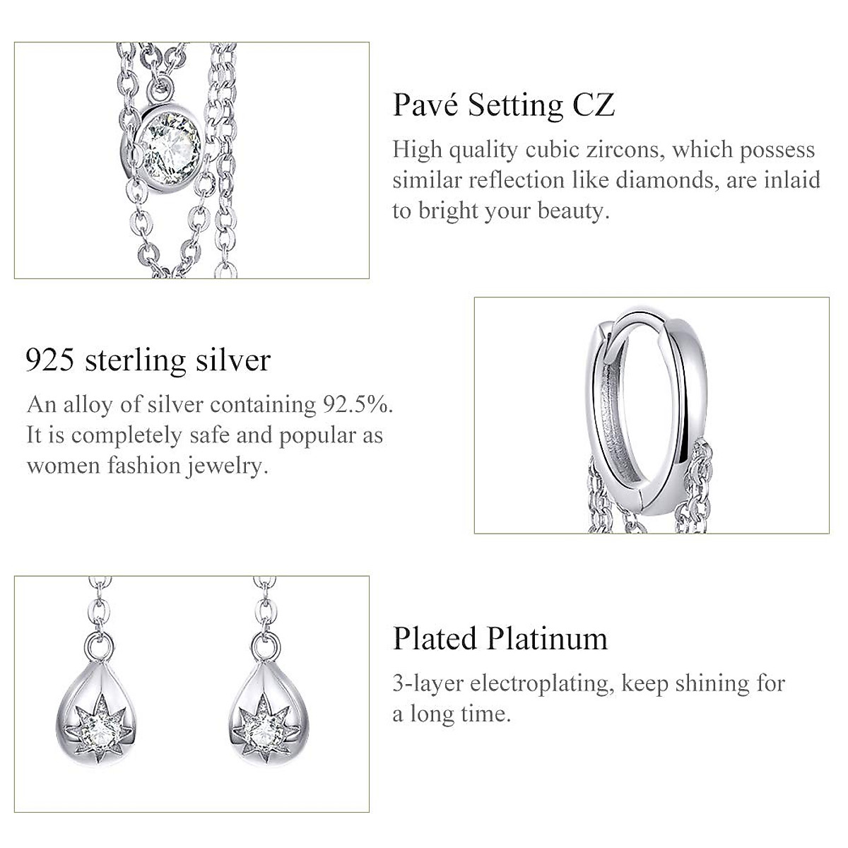 Sterling Silver Dangle Diamond Small Hoop Earrings for Women CZ Elegant Threader Tassel Drop Long Chain Cuff Earrings Sensitive Ears Hypoallergenic (Silver)
