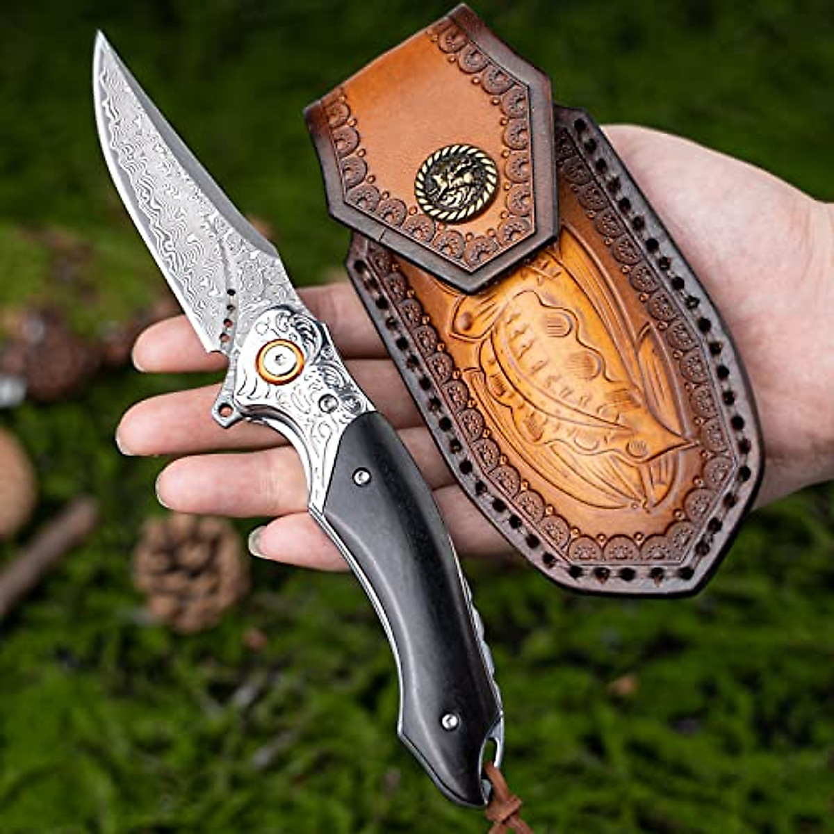 LOTHAR Damascus Pocket Knife for Men, 7.78" VG10 Folding Knife with Retro Leather Sheath,Sandalwood Handle, Classical Bolster, Lanyard Hole, EDC Knife Anniversaries, Christmas, elegant gifts for Men (Black)