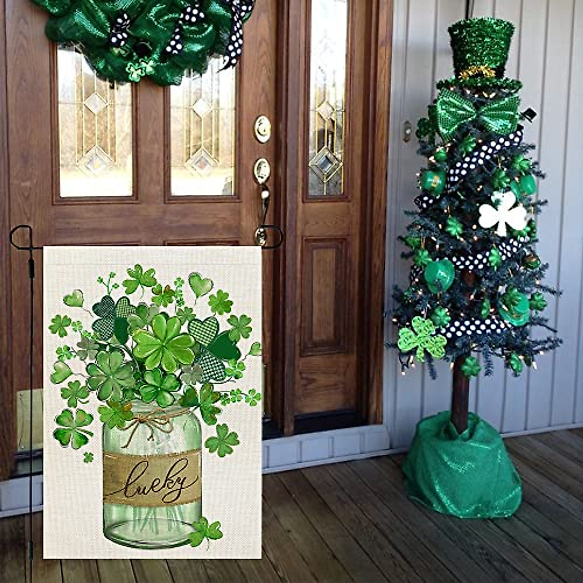 CROWNED BEAUTY St Patricks Day Garden Flag 12x18 Inch Double Sided for Outside Small Burlap Green Shamrocks Clovers Mason Jar Lucky Welcome Yard Holiday Flag CF727-12