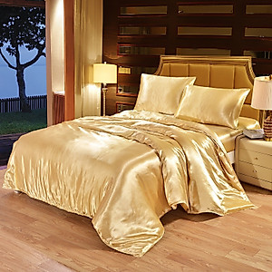Vagasi Gold Duvet Cover Set Queen Size 3 Pieces - Comforter Cover Super Soft with 2 Pillow Shams - Satin Bedding Set Breathable & Smooth with Zipper Closure