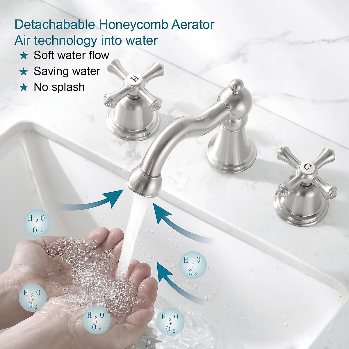 RKF Bathroom Faucets for Sink 3 Hole Brushed Nickel 8 inch Widespread Bathroom Sink Faucet with Drain 2 Handles Cross Knobs Faucet Bathroom Vanity Faucet Basin Mixer Tap Faucet CWF033-GBN