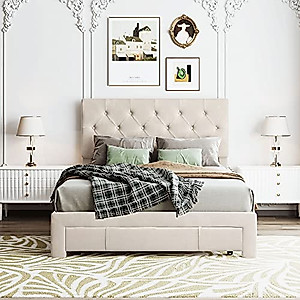 Lifeand Full Size Storage Bed Velvet Upholstered Platform Bed with a Big Drawer - Beige