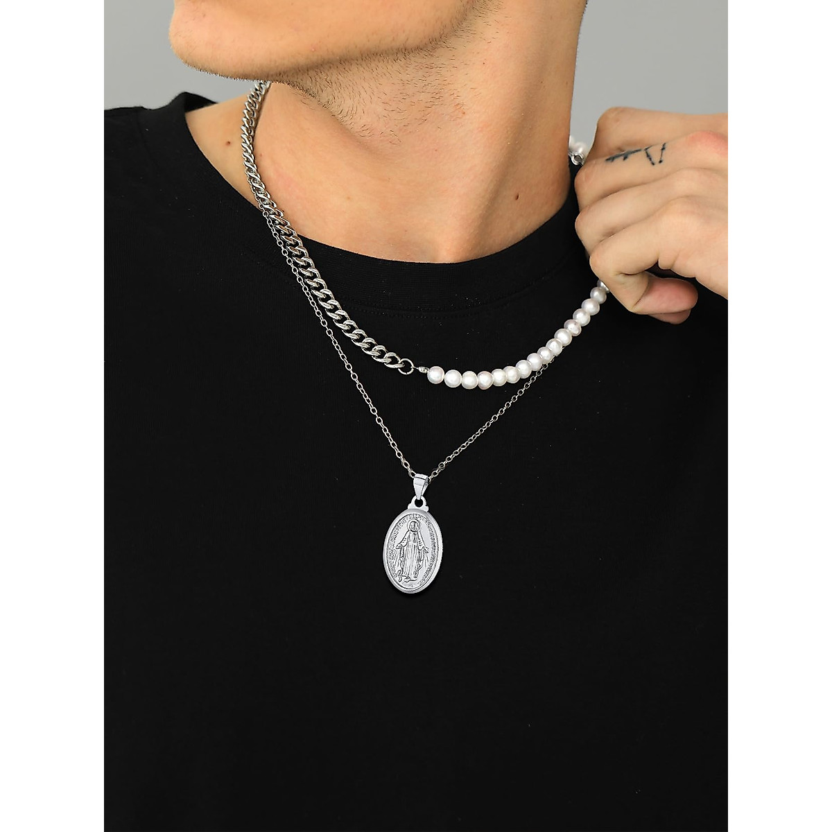 U7 925 Sterling Silver Virgin Mary Necklace Pendant with 20" Chain Catholic Gift for Women Gilrs Oval Miraculous Medal Jewelry