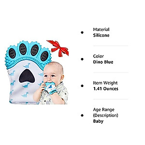 BabyNoms ® Teething Mitten | The Original Teething Paw | Safe Silicone Teething Toy or Teething Ring Provides Self-Soothing Teething Relief | Dino Blue Teether