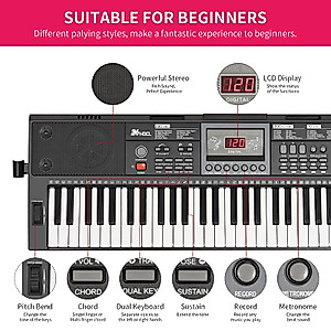24HOCL 61 Keys Keyboard Piano Lighted Keys for Kids Teens Beginners Birthday Best Gift, Electronic Portable Digital Music Piano Keyboard with Mic, Music Stand, Powered by UL Adapter/Battery