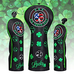 BIG TEETH Golf Head Covers Driver Hybrid Fairway Cover Golf Club Protector Lucky Clover and USA Pattern Black (Driver Cover)