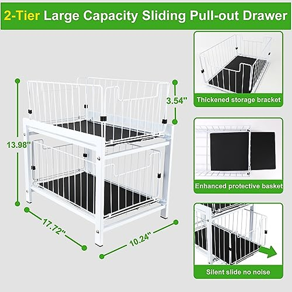 ZMJESSNIA Under Sink Organizer, 2 Tier Sliding Basket Drawer Organizer, Pull Out Under Sink Cabinets Organizer,Metal Home Organizer for Bathroom or Kitchen Pantry,White