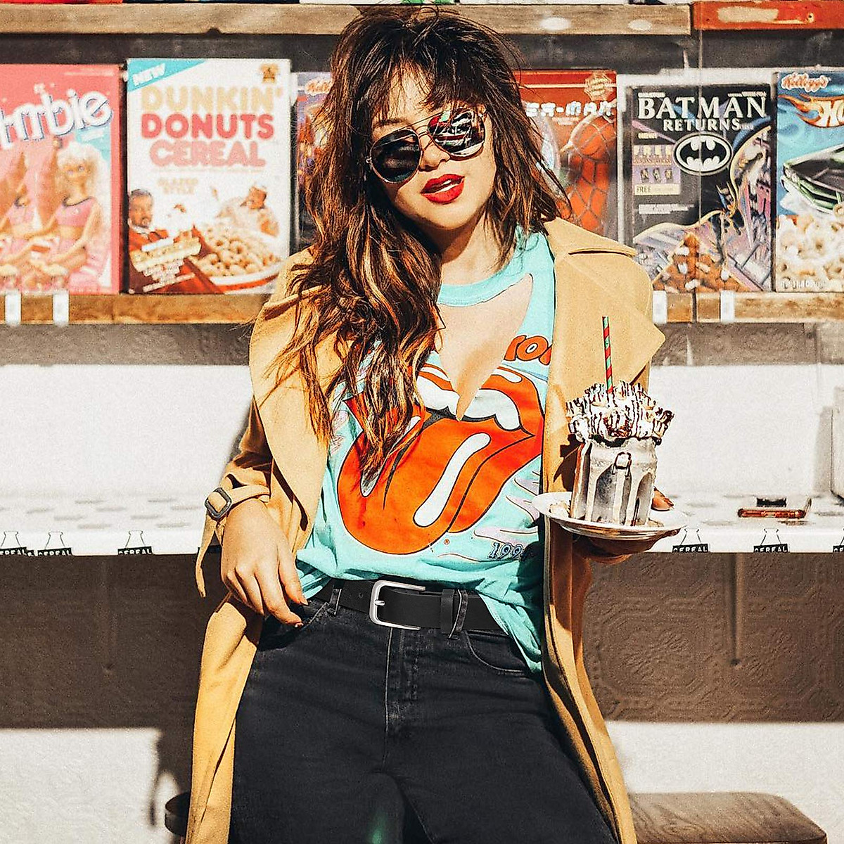 WHIPPY Women Casual Leather Belt for Jeans, Fashion Ladies Waist Dress Belt (Fit Waist Size 25-31 Inches, Black)