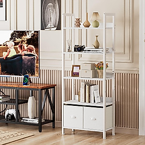 Furologee 5 Tier Bookshelf with Drawers, White Tall Bookcase with Shelves, Wood and Metal Bookshelves Storage Organizer, Modern Display Free Standing Shelf Unit for Bedroom, Living Room, Office