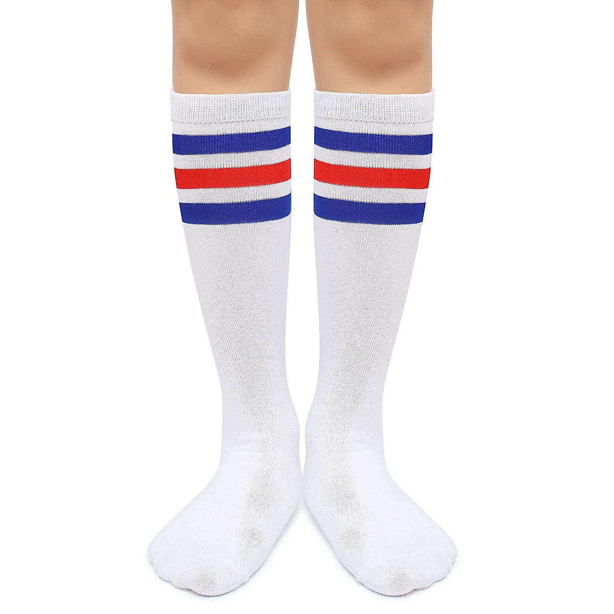 Henwarry Kids Toddler Soccer Socks Classical Stripes Cotton Soft Over the Calf Tube Socks for Boys Girls (A03-Blue/Red/White)