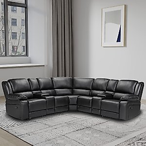 themagichome Sectional Sofa Symmetrical Reclining Sectional Sofa PU Modern Sectional Sofa Couch Power Motion Sofa Living Room Sofa Corner Sectional Sofa with Cup Holder-Black Leather,W223S00028