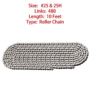 KAMIER 25H Roller Chain 10 Feet 480 Links Breaker for Razor MX350 MX500 MX650 SX500 RSF650 Dirt Bike E300 E200 E100 Electric Scooter ATV Quad Go Kart 47cc 49cc 2-Stroke Mini Pocket Rocket Bike Parts