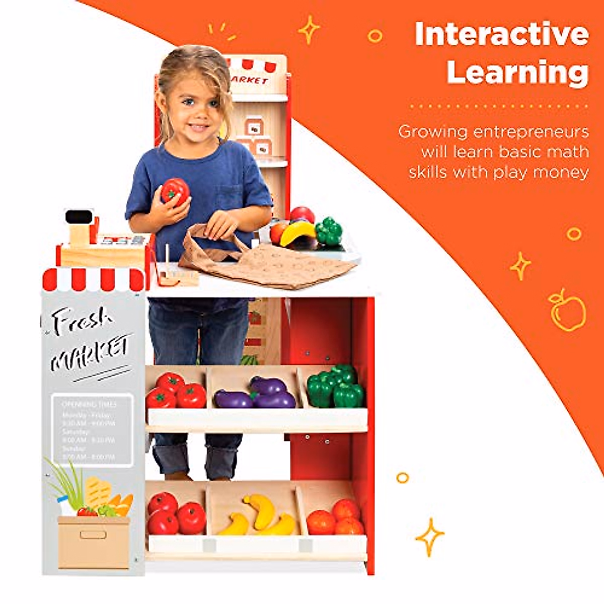 Best Choice Products Pretend Play Grocery Store Wooden Supermarket Toy Set for Kids w/Play Food, Chalkboard, Cash Register, Working Conveyor - Red