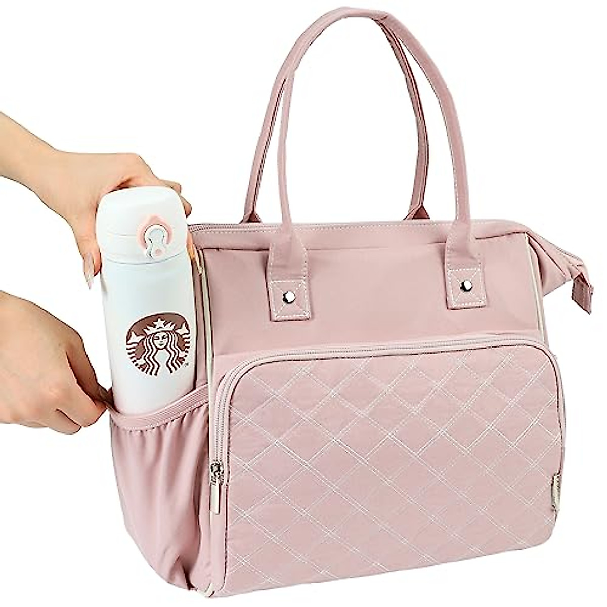 FINDCOZY Insulated Lunch Bag for Women, Cute Lunch Box, Reusable Cooler Bag with Removable Shoulder Strap and Side pockets for Work or Picnic, Pink