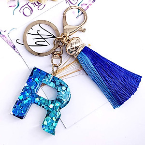 SELOVO Blue Big Tassel Bag Keyring Letter Alphabet R Charm Keychain
