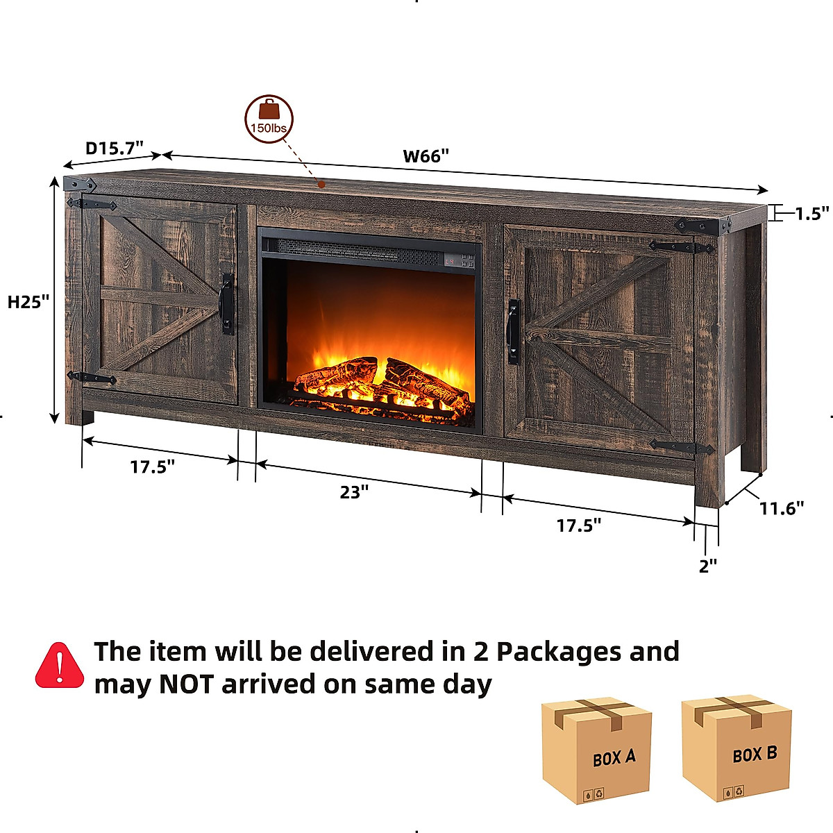 T4TREAM Fireplace TV Stand for 75 Inch TV, Farmhouse Barn Door Media Console, Entertainment Center with 23" Electric Fireplace Remote Control, for Living Room, 66 Inch, Dark Rustic Oak