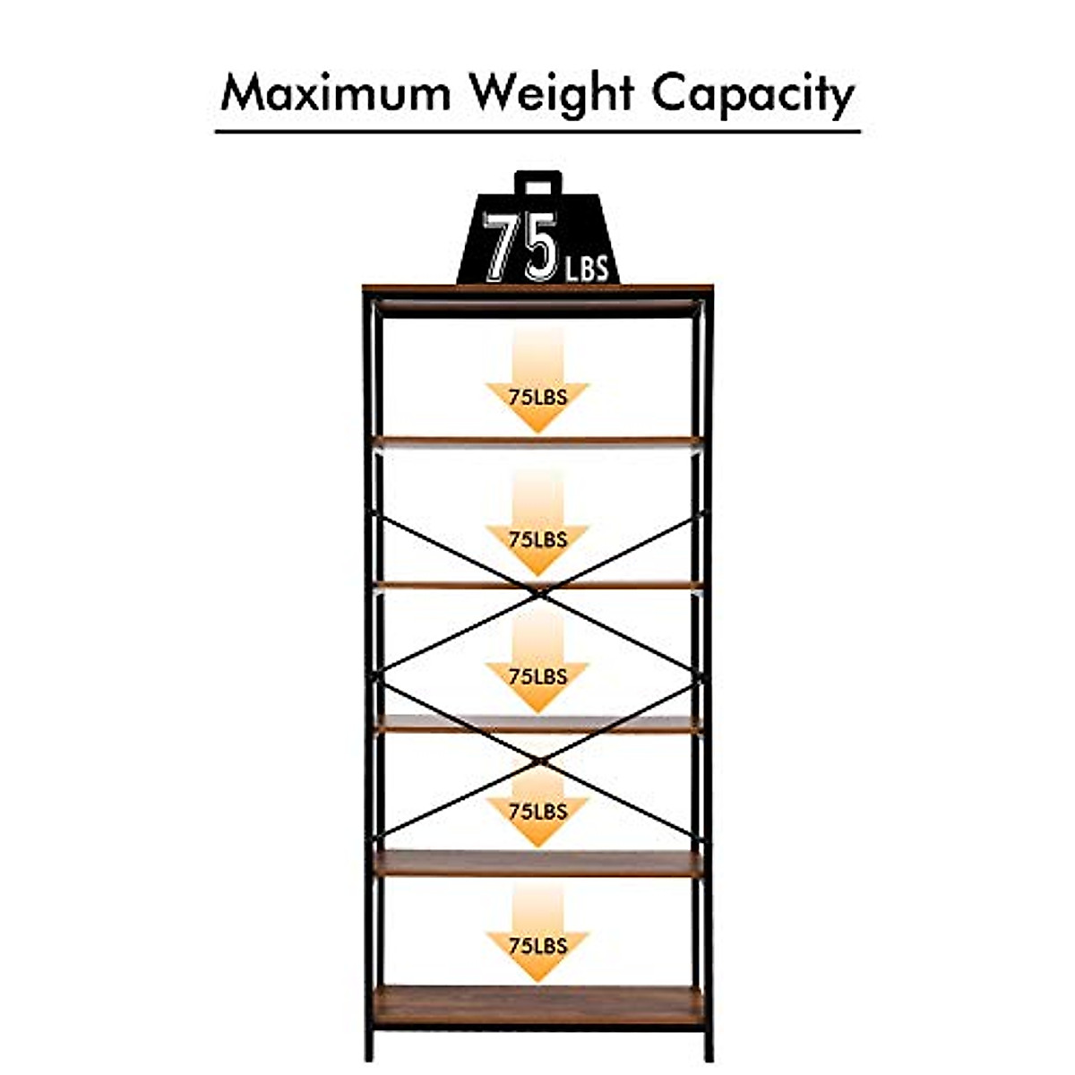 Devo Bookshelf, Industrial Book Shelf Large Storage Shelves, Display Shelf Tall Bookcase Metal Bookshelves, 6 Tier Bookcases Wood Heavy Duty Shelving Unit for Bedroom,Office and Living Room, Vintage