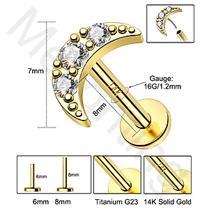 Melighting 14K Solid Gold Moon Earring, 16G Threadless Flat Back Earring with Titanium Post, CZ Stone, for Women