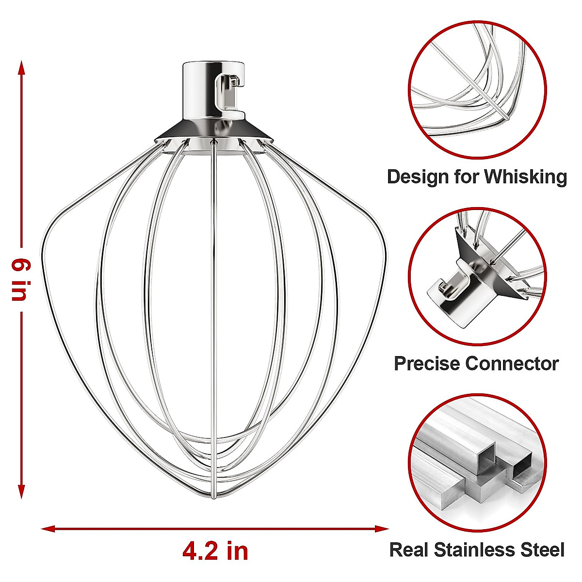 6 Wire Whisk Attachment for Kitchenaid Stand Mixer, Stainless Steel K45WW Whip Replace Attachment for 4.5-5Qt Tilt-Head Stand Mixer, For Egg Cream Stirrer, Flour Cake Balloon Whisk, Dishwasher Safe