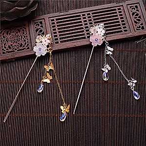 BEMEI Rhinestone Pearl Flower Hair Stick,Crystal Pearl Hair Sticks,Butterfly Tassel Flower,Hairpin Chignon Pin Chopsticks Hair Styling Accessories(F)