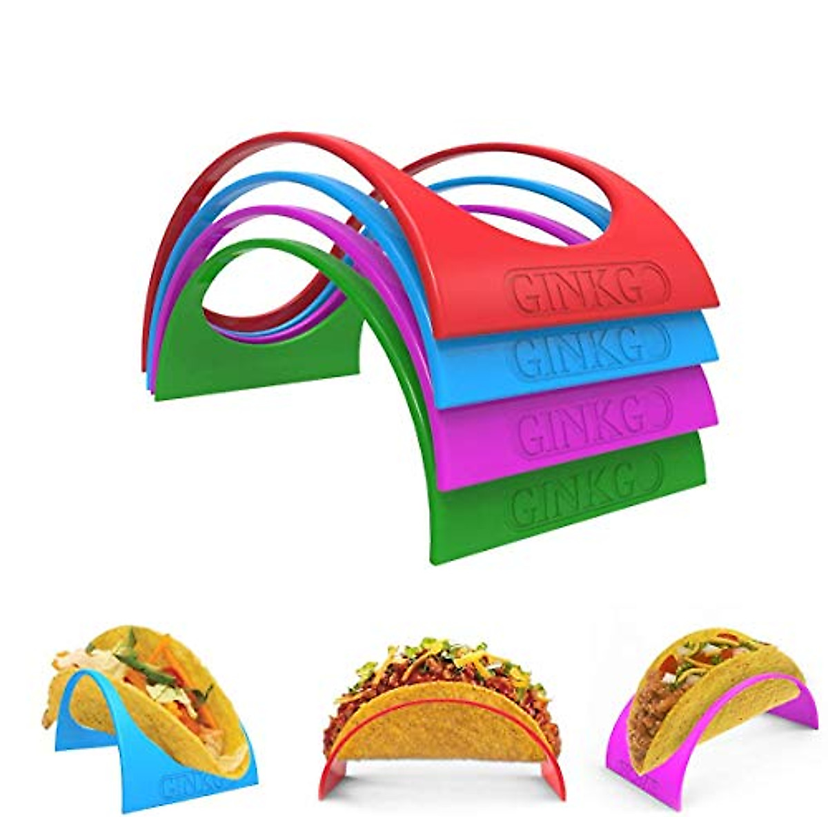 GINKGO Taco Holder Stand up Set of 12, 4 Colorful Plastic Taco Shell Holder Plate Protector Food Holder, Microwave Safe Stands for Soft and Hard Shells