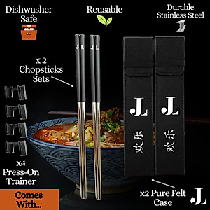 Jean Lemond: Introducing The Sushi Sticks - 2 Pairs Of Reusable Helper Chopsticks - Perfect Practice For Beginners - Metal Training Tool With Case Great For Adults & Kids (Crisp Black, 2pcs)