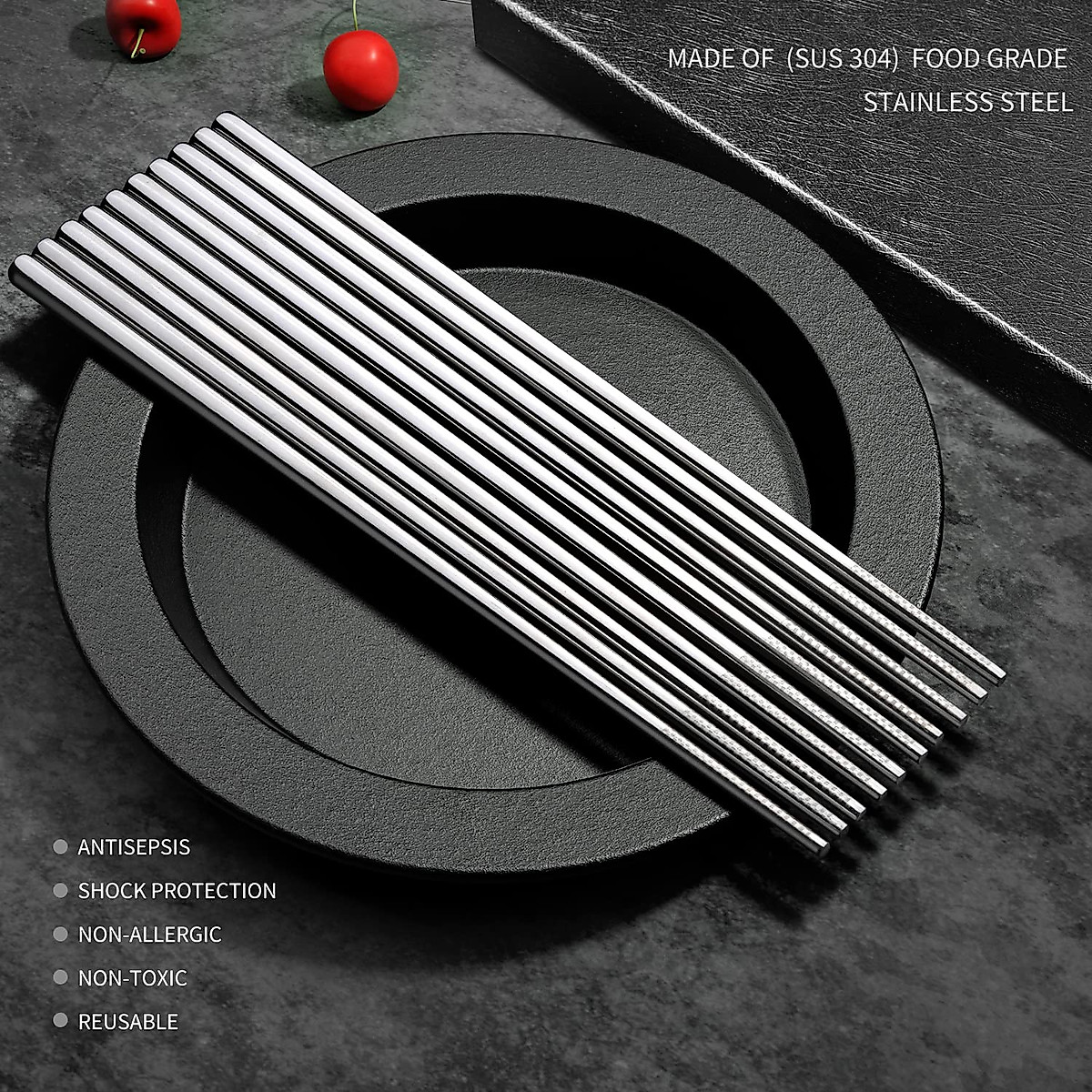 Poipoico Metal Chopsticks Reusable Stainless Steel Chopsticks Dishwasher Safe, Square,Laser Non-Slip Reusable Chop Sticks Metal For Food&Cooking All In A Gift Box(Black & 5 Pairs)