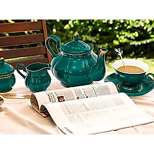 CHENP.HMC Tea Set 22-Piece Porcelain Ceramic Coffee Tea Gift Sets Cups Saucer Service for 6 Teapot Sugar Bowl Creamer Pitcher and Teaspoons Porcelain Tea Set for Mother's Day(WITHOUT Mug Hooks)