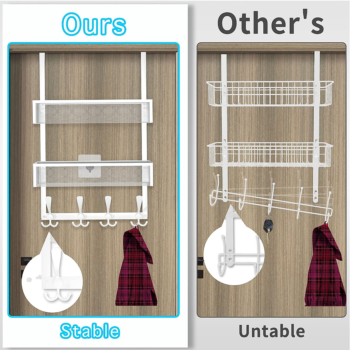 Kaiferty Over The Door Hooks Organizer,Coat Rack with 12 Hooks and 2 Mesh Baskets,Back of Door Storage Organizer for Bathroom,Bedroom,Kitchen,Office(White)