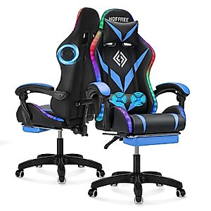Gaming Chair with Bluetooth Speakers and RGB LED Lights Ergonomic Massage Computer Gaming Chair with Footrest Video Game Chair High Back with Lumbar Support Blue and Black