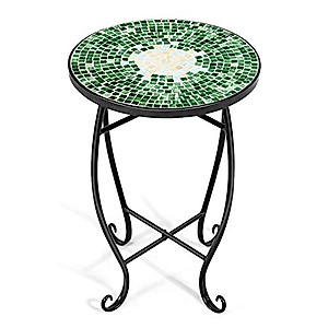 Giantex Outdoor Side Table, Mosaic Patio Table, 14inch Accent Table Plant Stand, Ceramic Tile Top Metal Frame, Small End Table Porch Beach Patio Garden Balcony Poolside