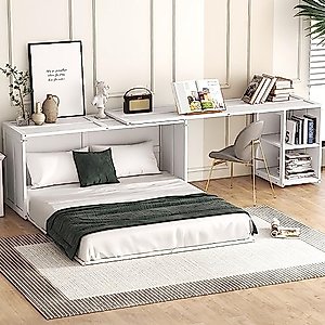 Queen Size Murphy Bed with Rotable Desk and Storage Shelves, Murphy Cube Queen Cabinet Bed, Queen Murphy Wall Bed, Wooden Foldable Floor Bed Frame for Bedroom Living Room Furniture,White