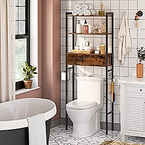 HOOBRO Over The Toilet Storage, 3 Tier Bathroom Organizer Shelf with Drawers, Freestanding Bathroom Space Saver with Toilet Paper Holder and Hook, Saving Space, Rustic Brown BF45TS01
