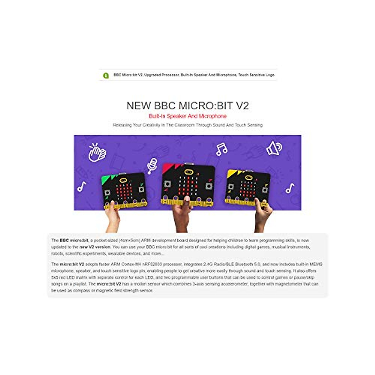 Waveshare BBC Micro:bit V2 Upgraded Processor Built-in Speaker and Microphone with Touch Sensitive Logo