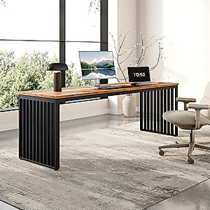 LITTLE TREE Two Person Desk, 78.74" Extra Long Computer Desk for 2 People, Rustic Brown Wooden Double Study Desk with Black Heavy Duty Metal Legs, Large Business Workstation for Home Office