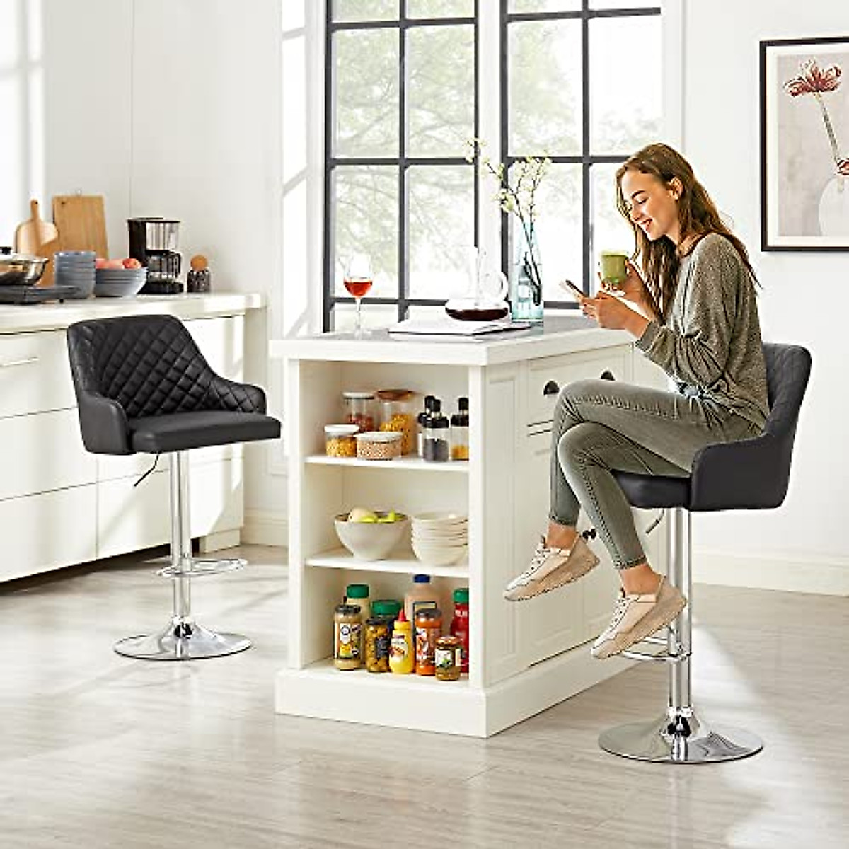 VECELO Adjustable Bar Stools with Back, Bar Height Stools for Kitchen Counter, Bar Stools Set of 2, Black