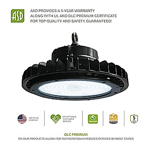 ASD UFO LED High Bay Light 150w 19,479lm 5000K, 1-10V Dimmable, 120-277V, Commercial Warehouse Area Light Waterproof IP69K Eqw.500W MH/HPS, Safety Rope Included, UL & DLC Premium Listed