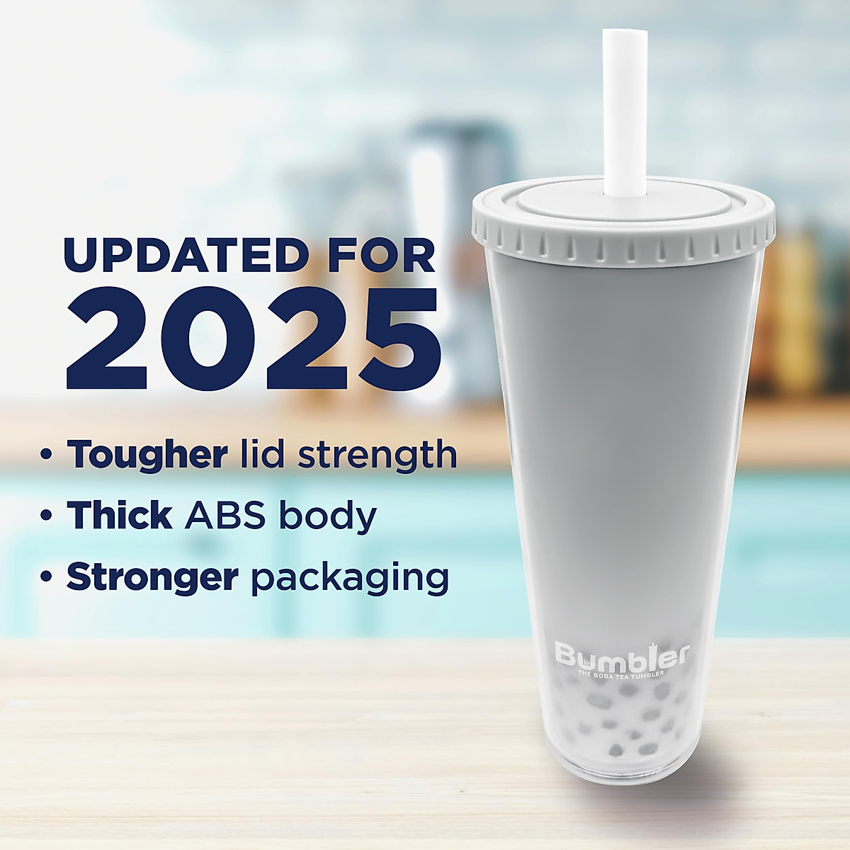 Bumbler 24oz Large Reusable Portable Eco-Friendly Tumbler | Drinking Cup with Wide Soft Tip Straw, Aesthetic Leak-Proof Lid – for Boba Tea, Smoothies, Iced Coffee, Hot or Cold Drinks – White