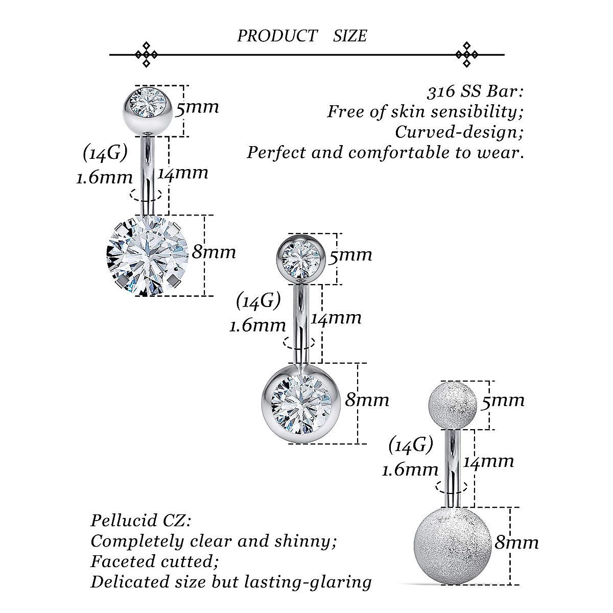 14G Belly Button Rings Belly Rings for Women Men Stainless Steel CZ Belly Piercing Jewelry Surgical Steel Clicker Belly Button rings Curved Navel Ring Barbell Body Jewelry Piercing Silver 14mm 6Pcs