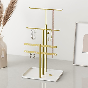 susswiff Jewelry Holder Organizer Stand - Adjustable Jewelry Tree 17.5" Height (Max), Jewlery Hanger for Necklaces, Bracelets, Earrings, Aesthetic for Storage and Display, Metal, Gold and White