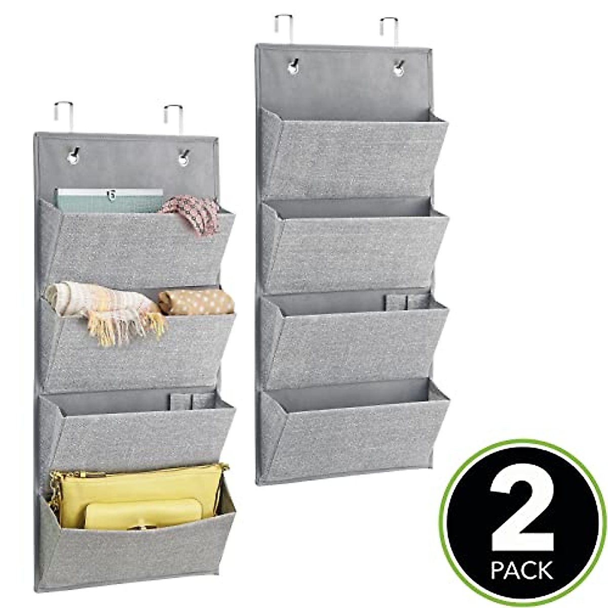 mDesign Soft Fabric Over The Door Hanging Storage Organizer with 4 Large Pockets for Closets in Bedrooms, Hallway, Entryway, Mudroom - Hooks Included - Textured Print, 2 Pack - Gray