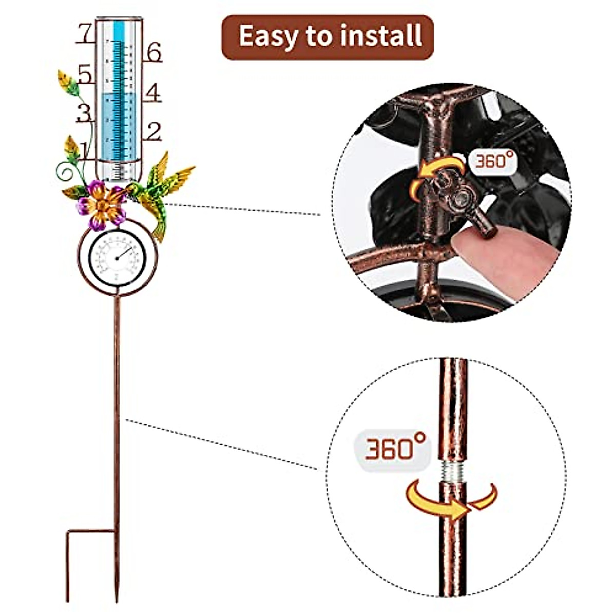 SYSUVANA Rain Gauge Outdoor with Outdoor Thermometer for Garden, Easy to Read Metal Stake with 7 Inch Replacement Glass Tube, Sunflower Hummingbird Décor for Yard Garden Patio Lawn